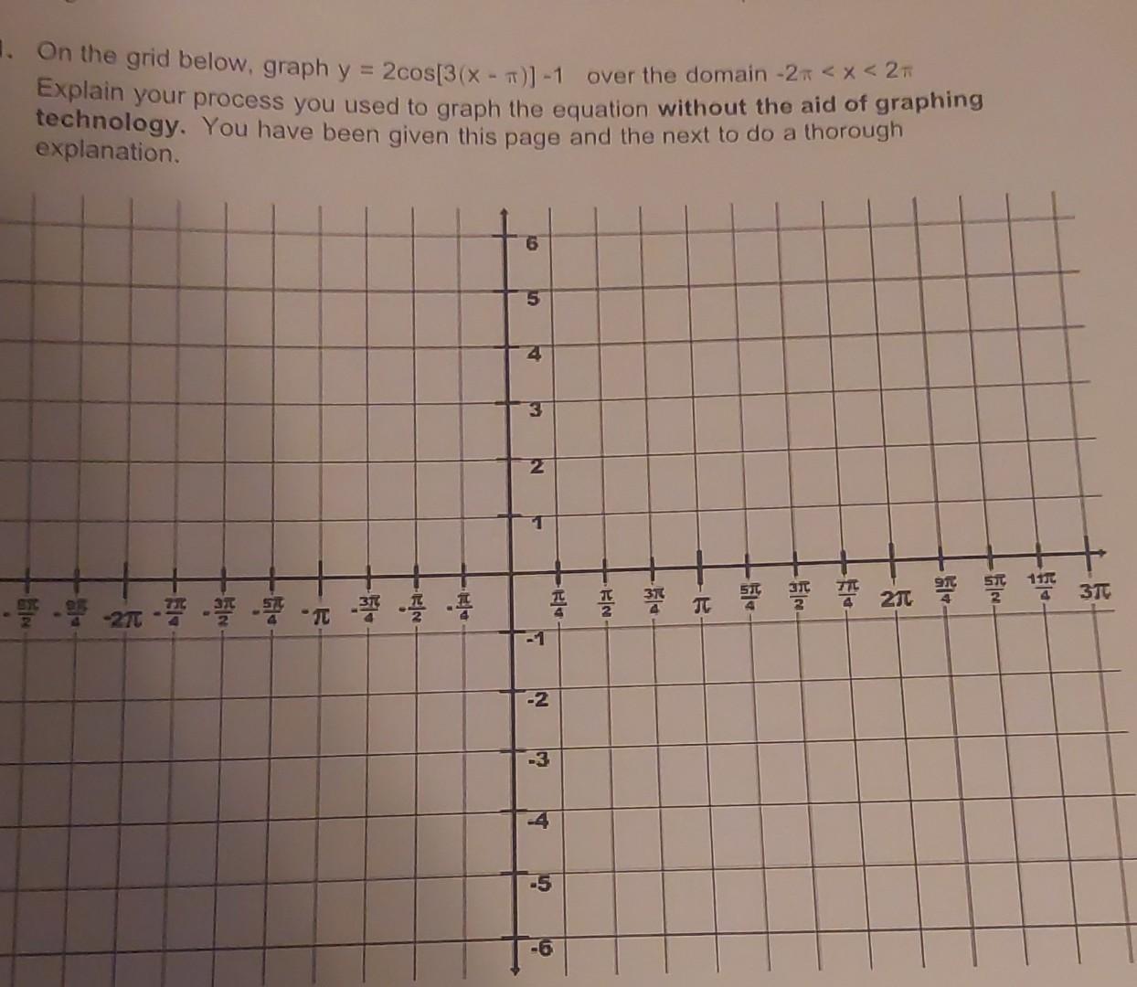 Solved On the grid below, graph y=2cos[3(x−π)]−1 over the | Chegg.com