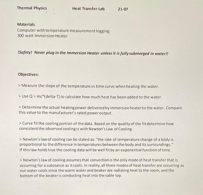 Solved Thermal Physics Heat Transfer Lab 21-07 Materials | Chegg.com