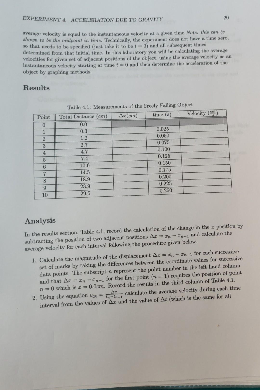 Solved EXPERIMENT 4. ACCELERATION DUE TO GRAVITY 20 average | Chegg.com