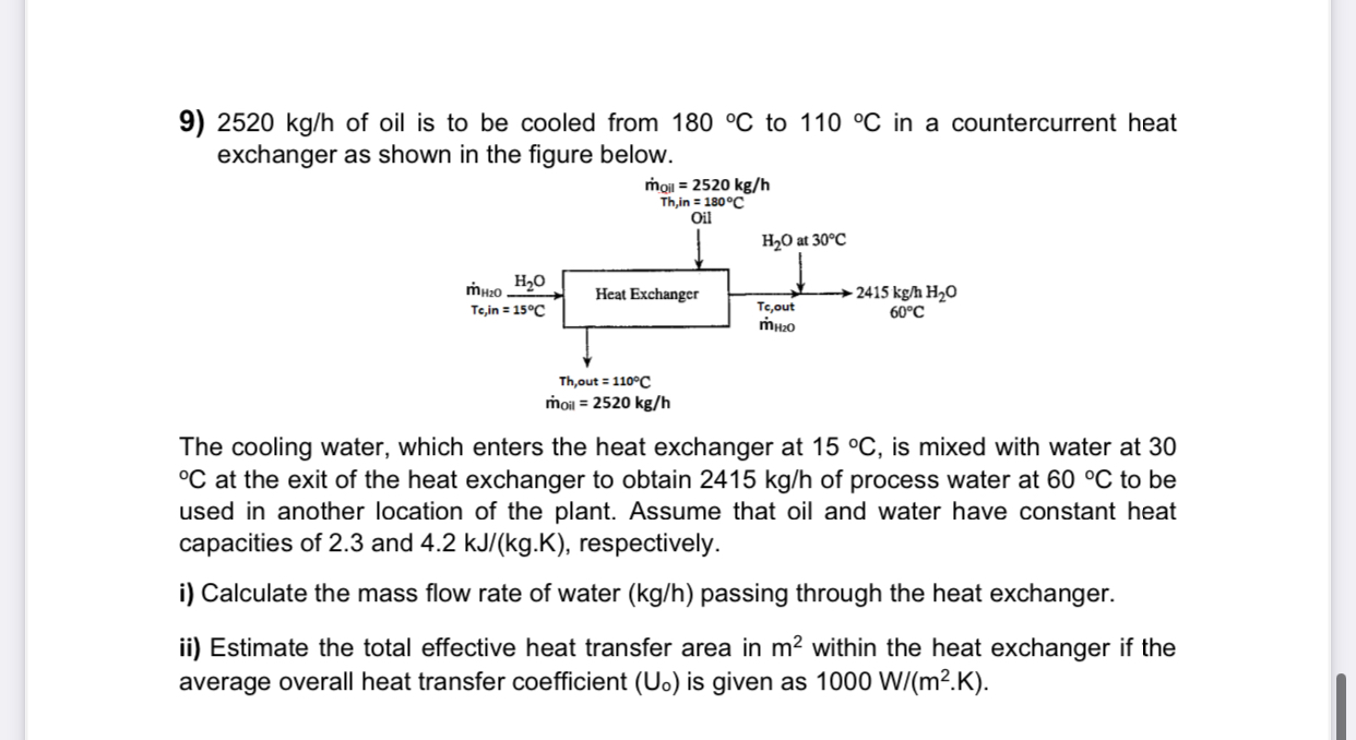 Solved 2520kgh ﻿of oil is to be cooled from 180°C ﻿to 110°C | Chegg.com