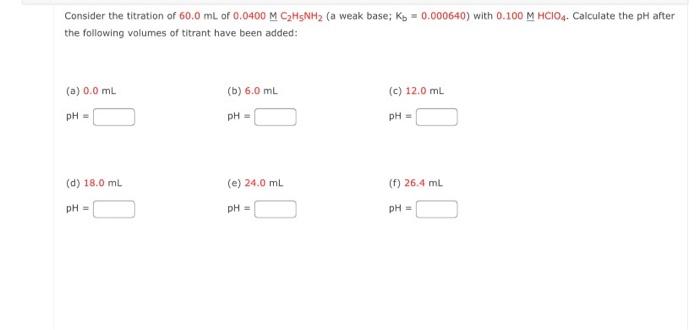 Solved Consider the titration of 60.0 mL of 0.0400 M C2H5NH2 | Chegg.com