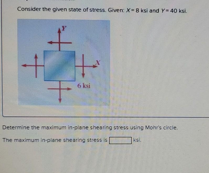 Solved Consider the given state of stress. Given: X = 8 ksi | Chegg.com