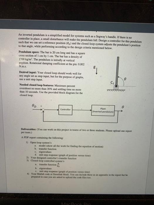 Solved An inverted pendulum is a simplified model for | Chegg.com