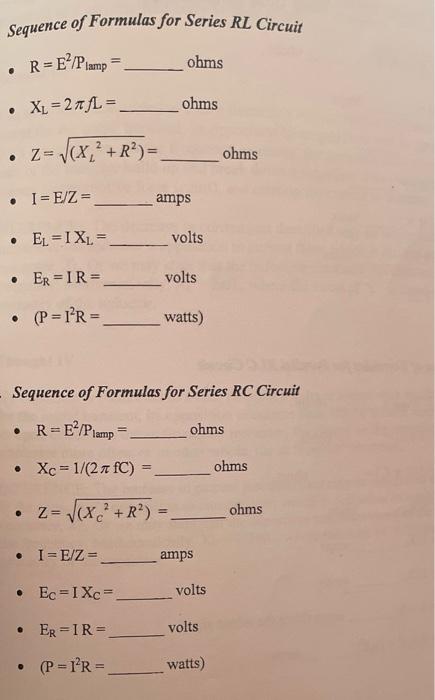 Solved Sequence of Formulas for Series RL Circuit • | Chegg.com