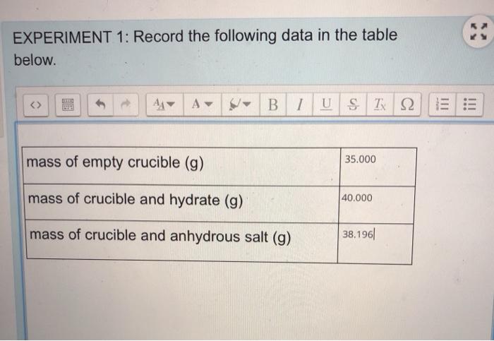 Solved EXPERIMENT 1: Perform the calculations and record the | Chegg.com