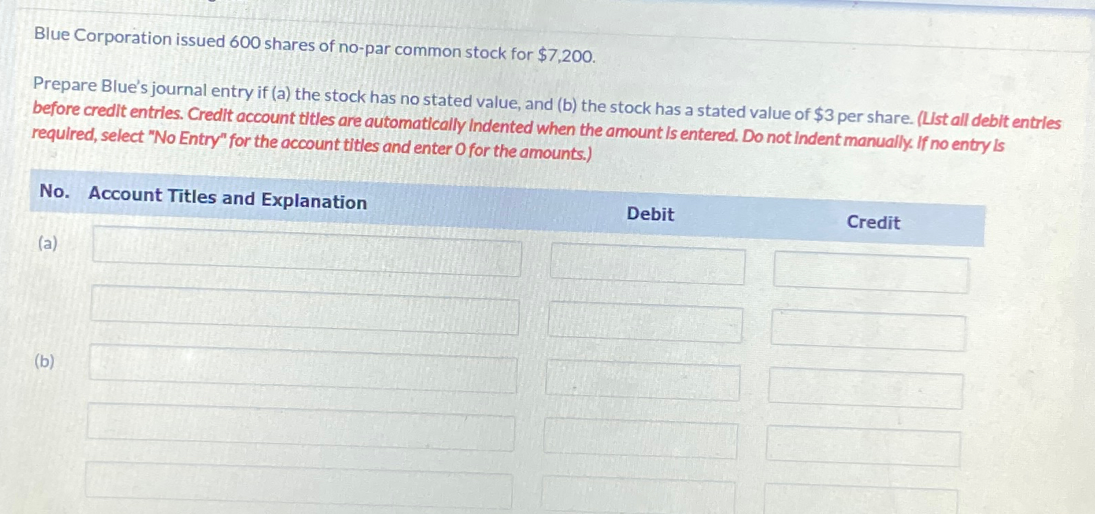 Solved Blue Corporation issued 600 ﻿shares of no-par common | Chegg.com