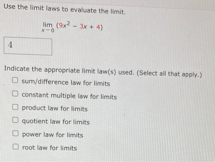 Solved Use the limit laws to evaluate the limit. lim (9x2 – | Chegg.com