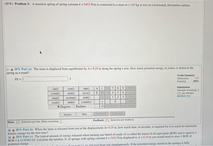 Solved 11\%) Problem 3: A massless spring of spring constant | Chegg.com