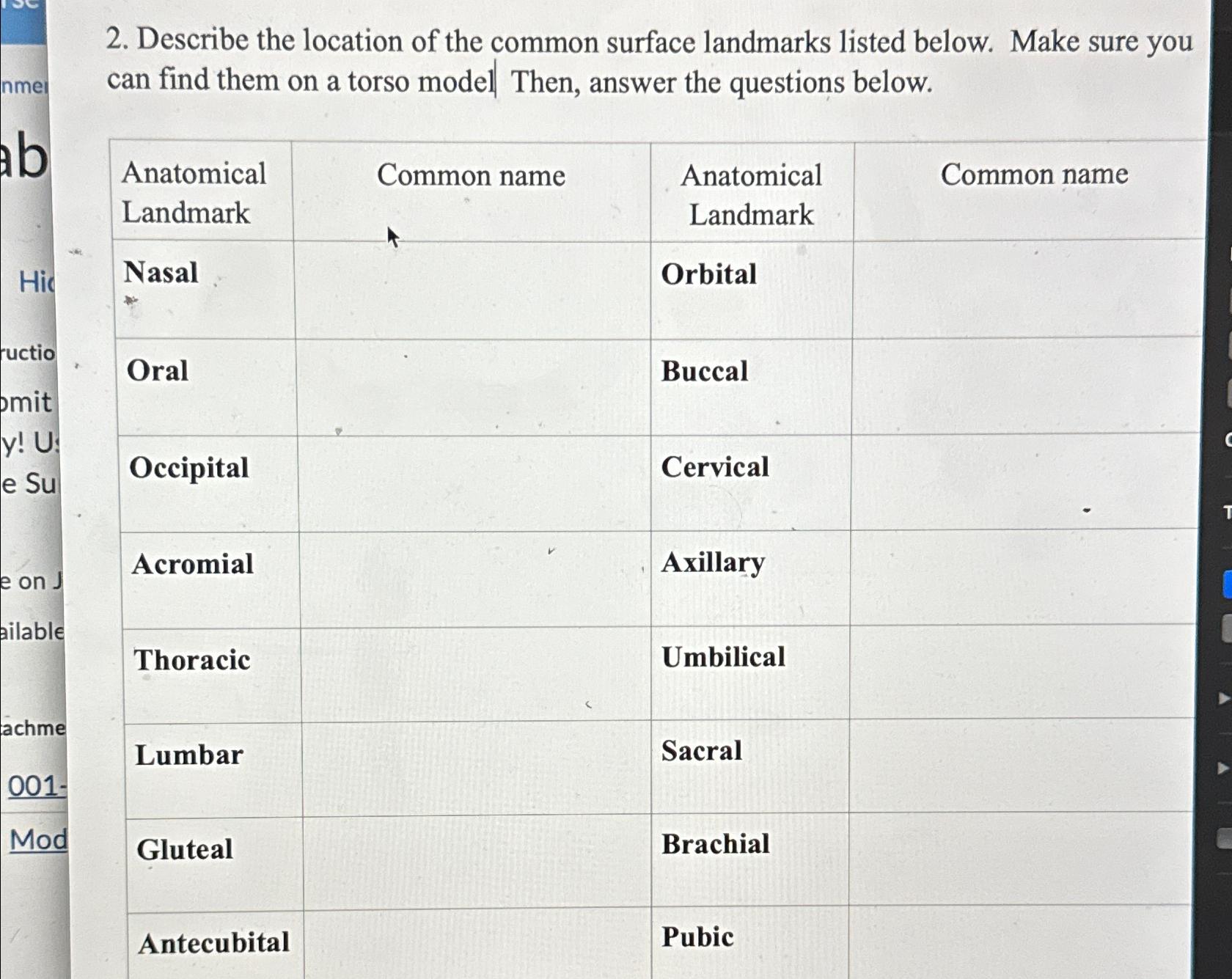 Solved Describe the location of the common surface landmarks | Chegg.com
