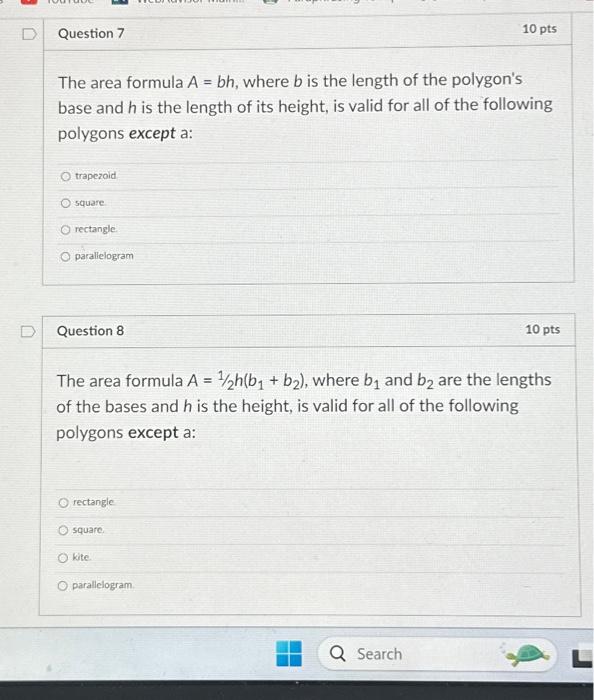 Solved The area formula A=bh, where b is the length of the | Chegg.com