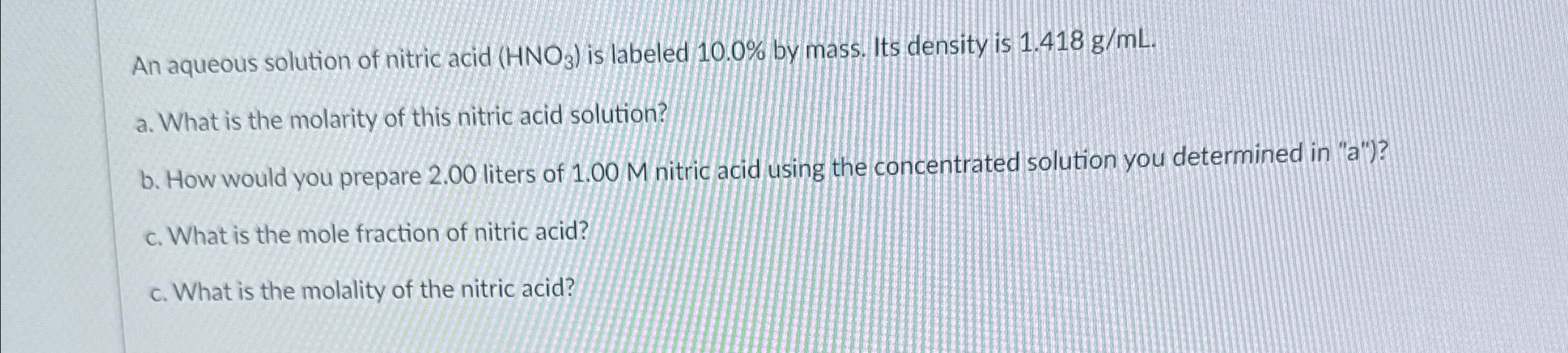 Solved An aqueous solution of nitric acid (HNO3) ﻿is labeled | Chegg.com