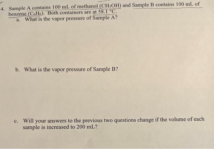Solved Sample A contains 100 mL of methanol (CH3OH) and | Chegg.com