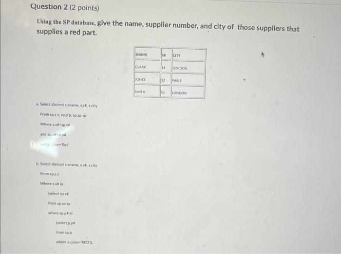 Solved Using the SP database, give the name, supplier | Chegg.com