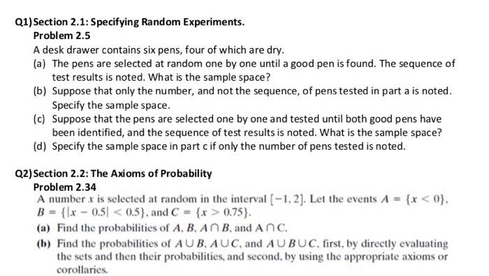 Solved Q1) Section 2.1: Specifying Random Experiments. | Chegg.com
