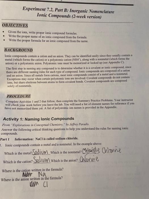 Solved Experiment 7.2, Part B: Inorganic Nomenclature Ionic | Chegg.com