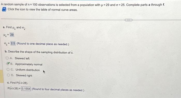 Solved A random sample of n=100 observations is selected | Chegg.com