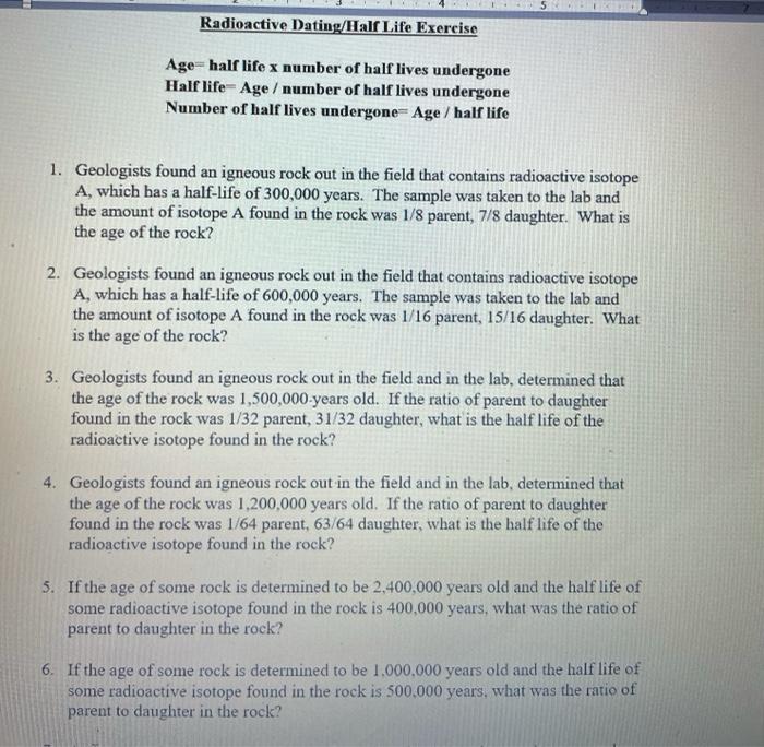 Solved Radioactive Dating/Half Life Exercise Age-half life x | Chegg.com