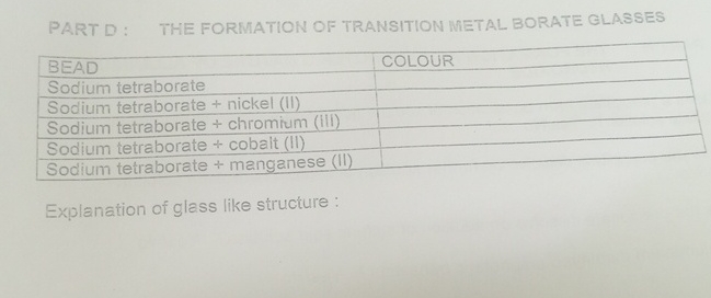 Solved PART D : THE FORMATION OF TRANSITION METAL BORATE | Chegg.com