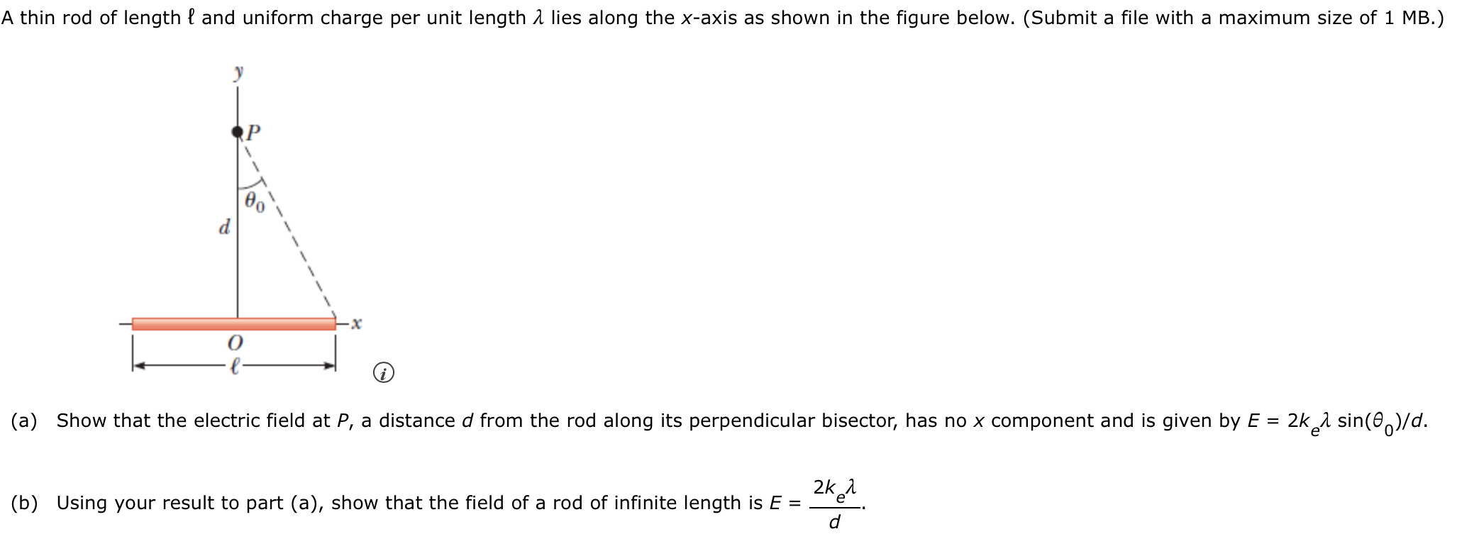 Solved A thin rod of length l ﻿and uniform charge per unit | Chegg.com