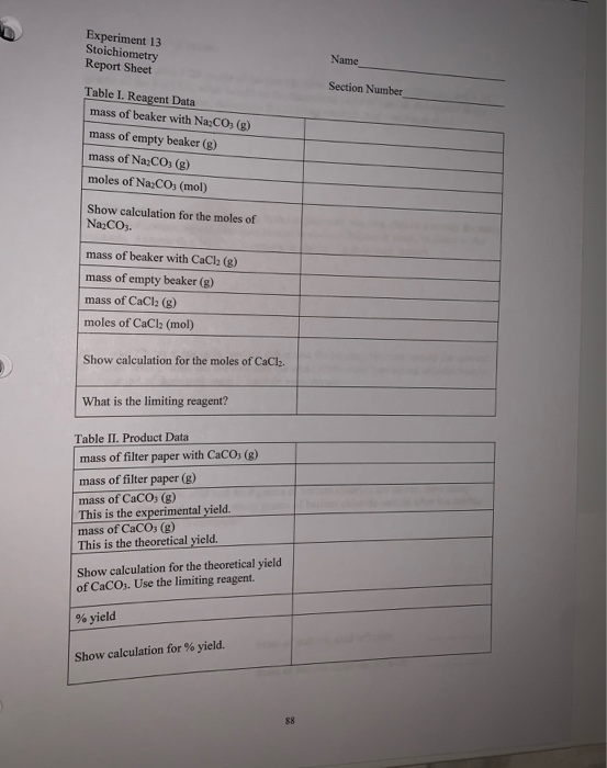Solved Experiment 13 Stoichiometry Report Sheet Name Section | Chegg.com