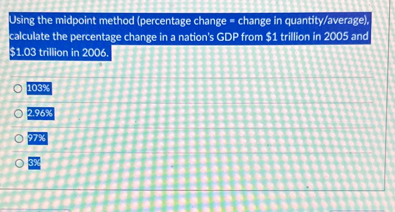 Solved Using the midpoint method (percentage change = | Chegg.com