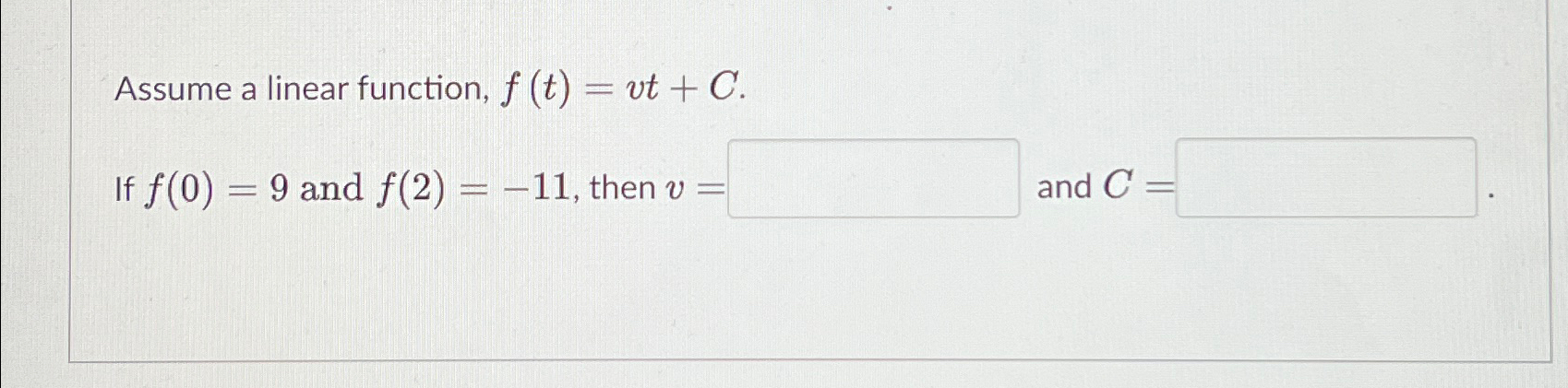 Solved Assume a linear function, f(t)=vt+C.If f(0)=9 ﻿and | Chegg.com