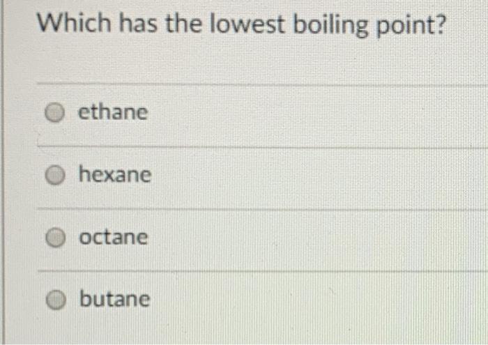 Solved Which has the lowest boiling point? ethane hexane | Chegg.com