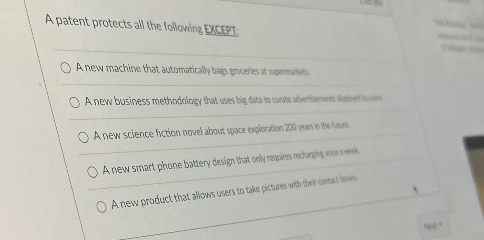 Solved A patent protects all the following EXCEPT:A new | Chegg.com