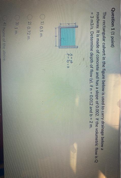 Solved Question 1 (1 point) The rectangular culvert in the | Chegg.com
