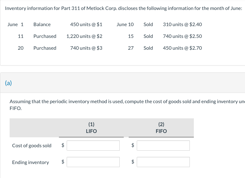 Solved Inventory information for Part 311 ﻿of Metlock Corp. | Chegg.com