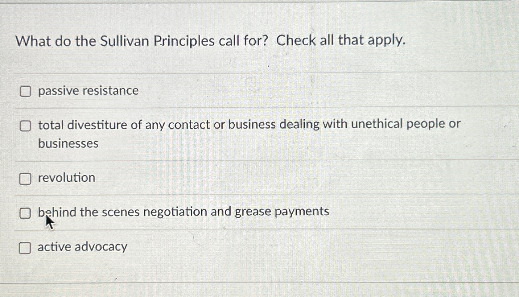 Solved What do the Sullivan Principles call for? Check all | Chegg.com