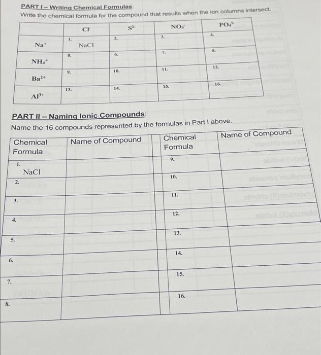 7. 8. 6. 5. 2. PART I-Writing Chemical Formulas: | Chegg.com