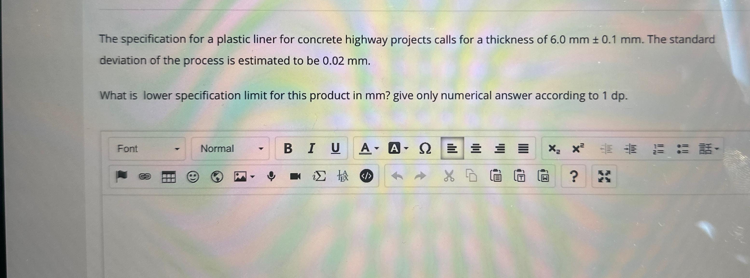 Solved The specification for a plastic liner for concrete | Chegg.com