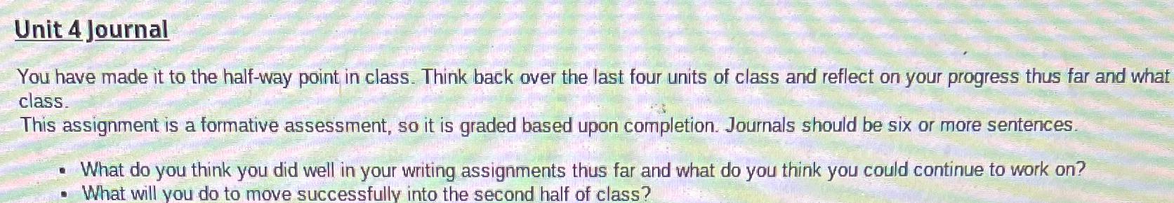 Solved Unit 4 ﻿JournalYou have made it to the half-way point | Chegg.com