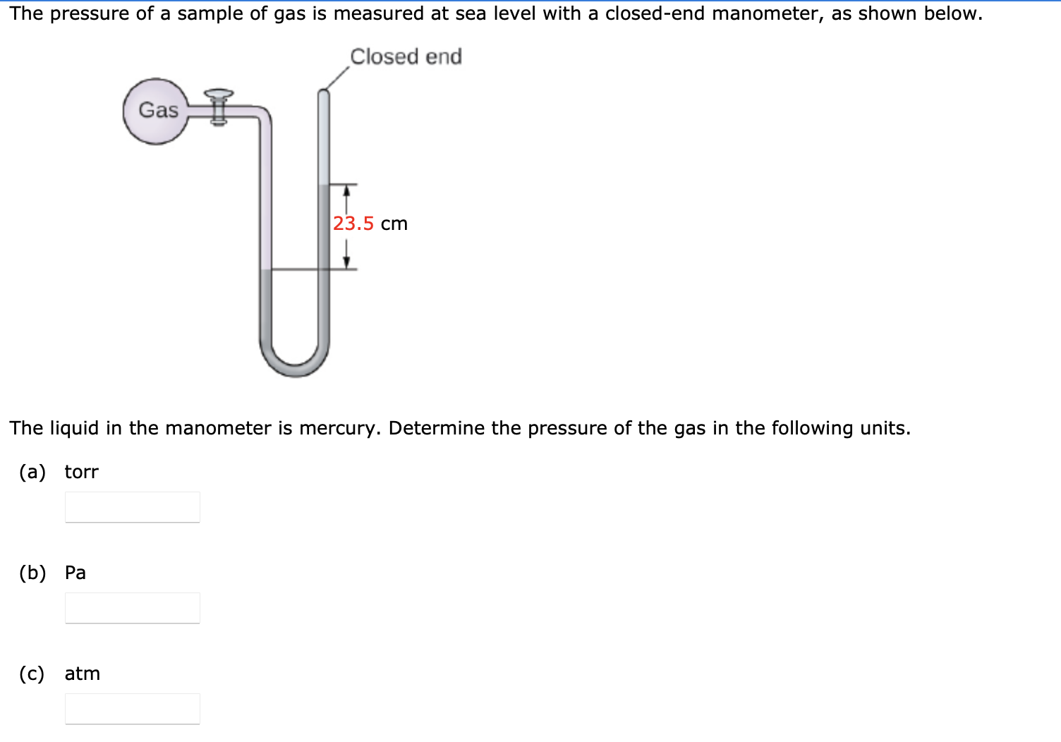 Solved The pressure of a sample of gas is measured at sea | Chegg.com
