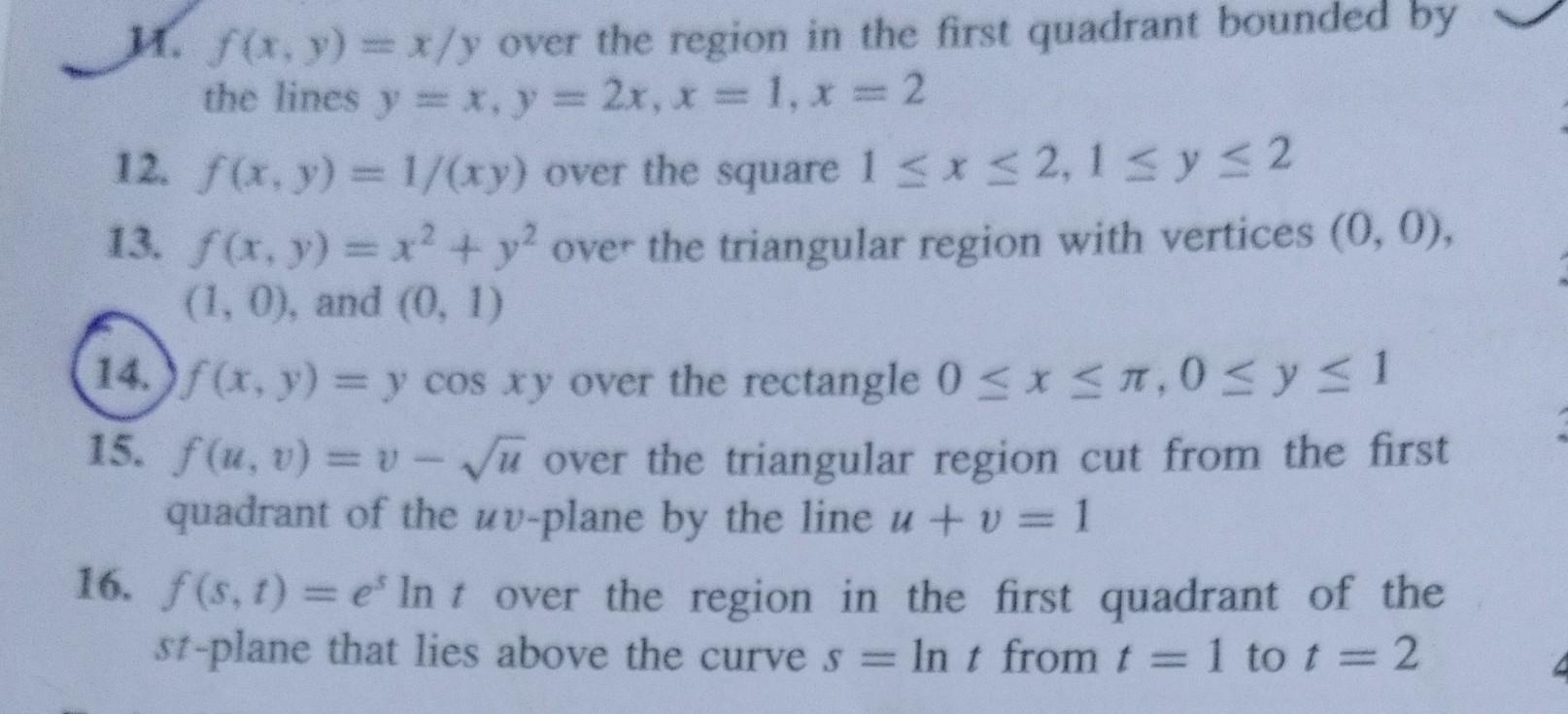Solved 1. f(x,y)=x/y over the region in the first quadrant | Chegg.com
