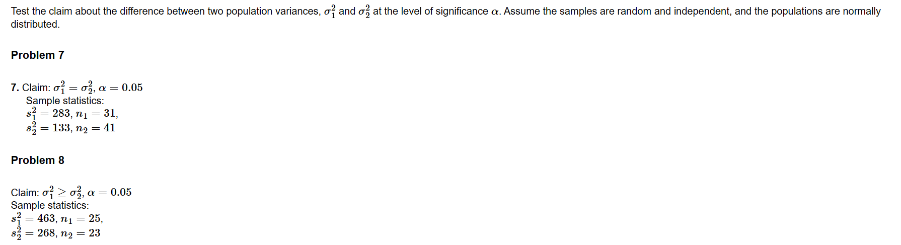 Solved distributed.Problem 77. ﻿Claim: σ12=σ22,α=0.05Sample | Chegg.com