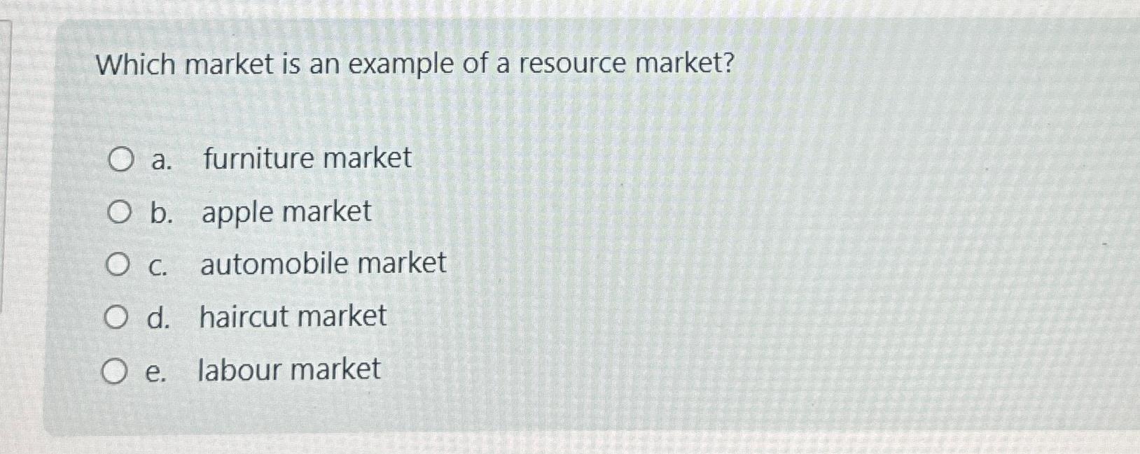 Solved Which market is an example of a resource market?a. | Chegg.com