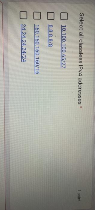 Solved Select all classless IPv4 addresses * 1 point | Chegg.com