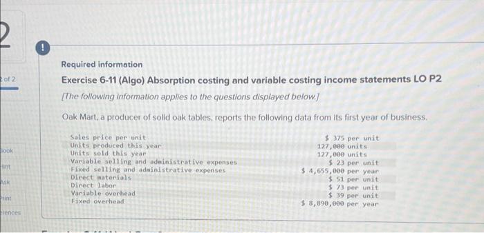Solved Required information Exercise 6-11 (Algo) Absorption | Chegg.com