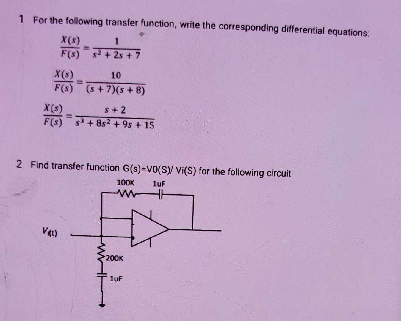 Solved 1 For the following transfer function, write the | Chegg.com