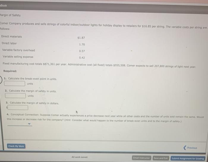 Solved Book -argin of Safety Comer Company produces and | Chegg.com