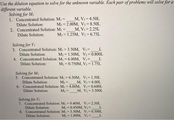 Solved Use the dilution equation to solve for the unknown | Chegg.com