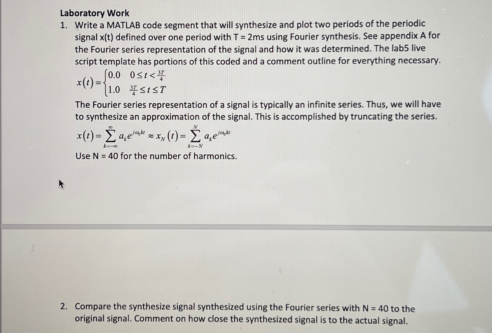 Solved Laboratory Workwrite A Matlab Code Segment That Will