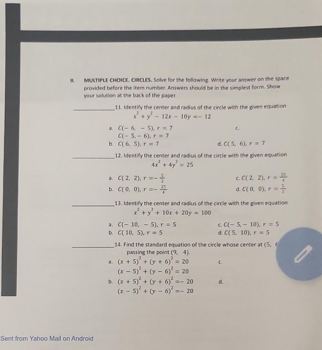 II. MULTIPLE CHOICE. CIRCLES. Solve for the | Chegg.com