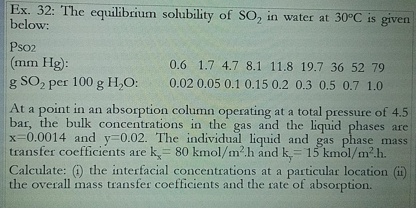 Solved Ex. 32: The equilibrium solubility of SO2 in water at | Chegg.com