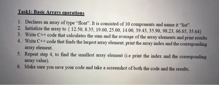 Solved Task1: Basic Arrays operations 1. Declares an array | Chegg.com
