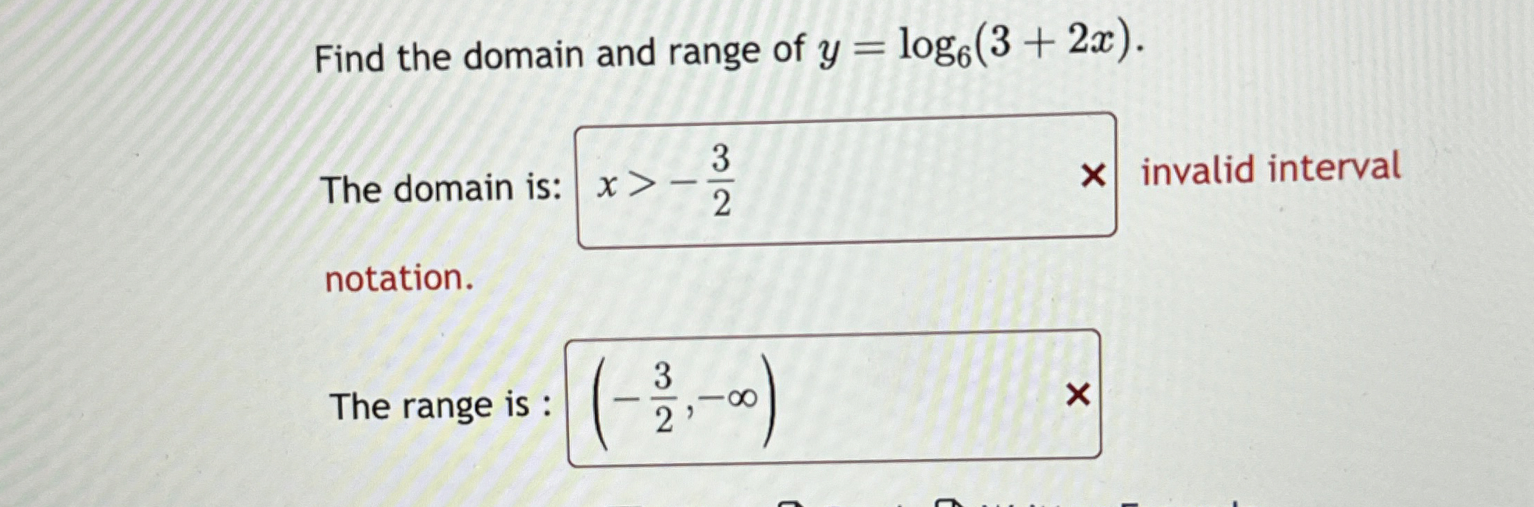 Solved Find the domain and range of y=log6(3+2x).The domain | Chegg.com