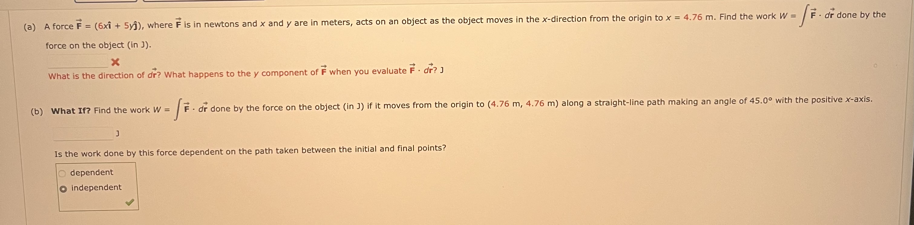 Solved (a) ﻿A force vec(F)=(6xhat(i)+5hat(j)), ﻿where vec(F) | Chegg.com