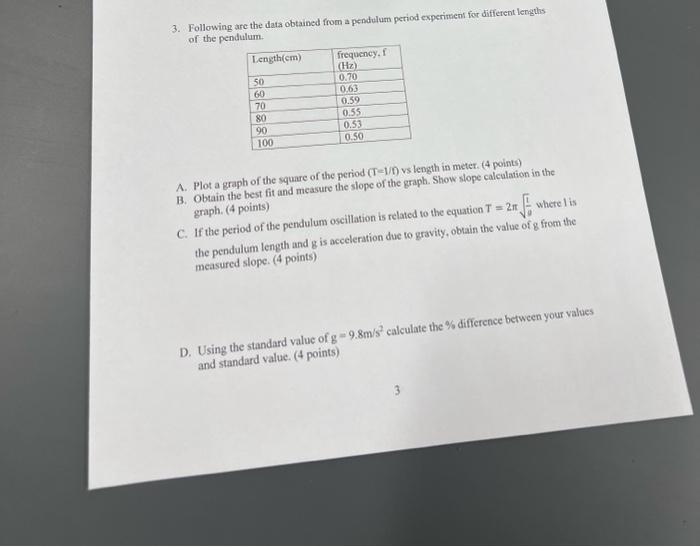 Solved 3. Following are the data obtained from a pendulum | Chegg.com
